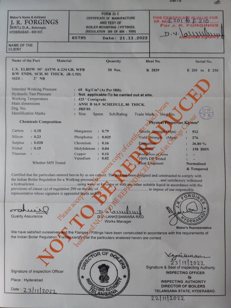 NB 50, 90Degree Sch 80 Elbow Certificate Adobe Scan 28 Dec 2022 | PDF ...