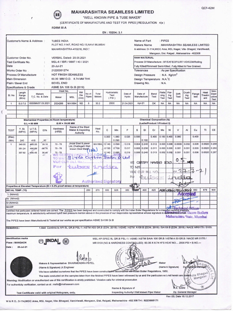 Pipe Certificate img413 | PDF