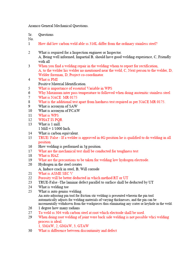 Aramco Mechanical Welding Questions Guide | PDF | Construction | Welding