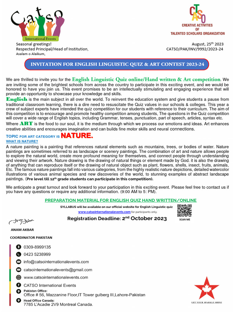 Invitation For English Quiz and Art Contest 2023 | PDF