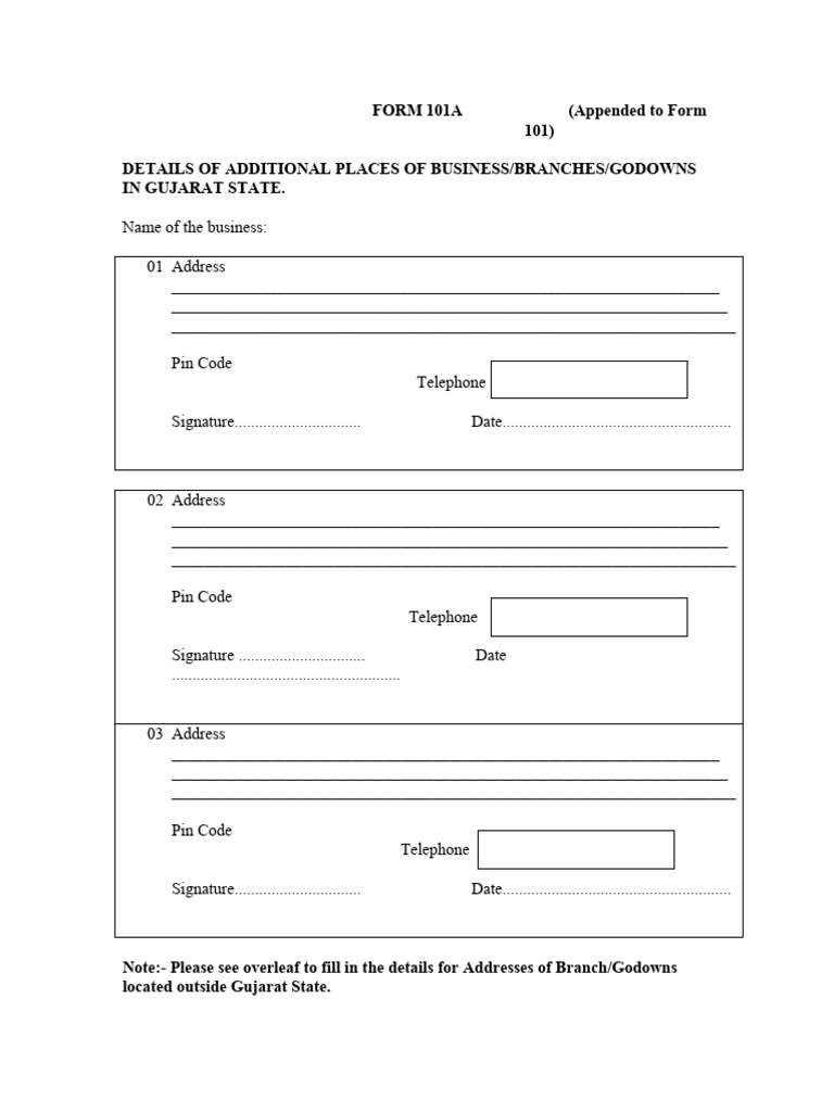 FORM 101A (Appended To Form 101) Details of Additional Places of ...