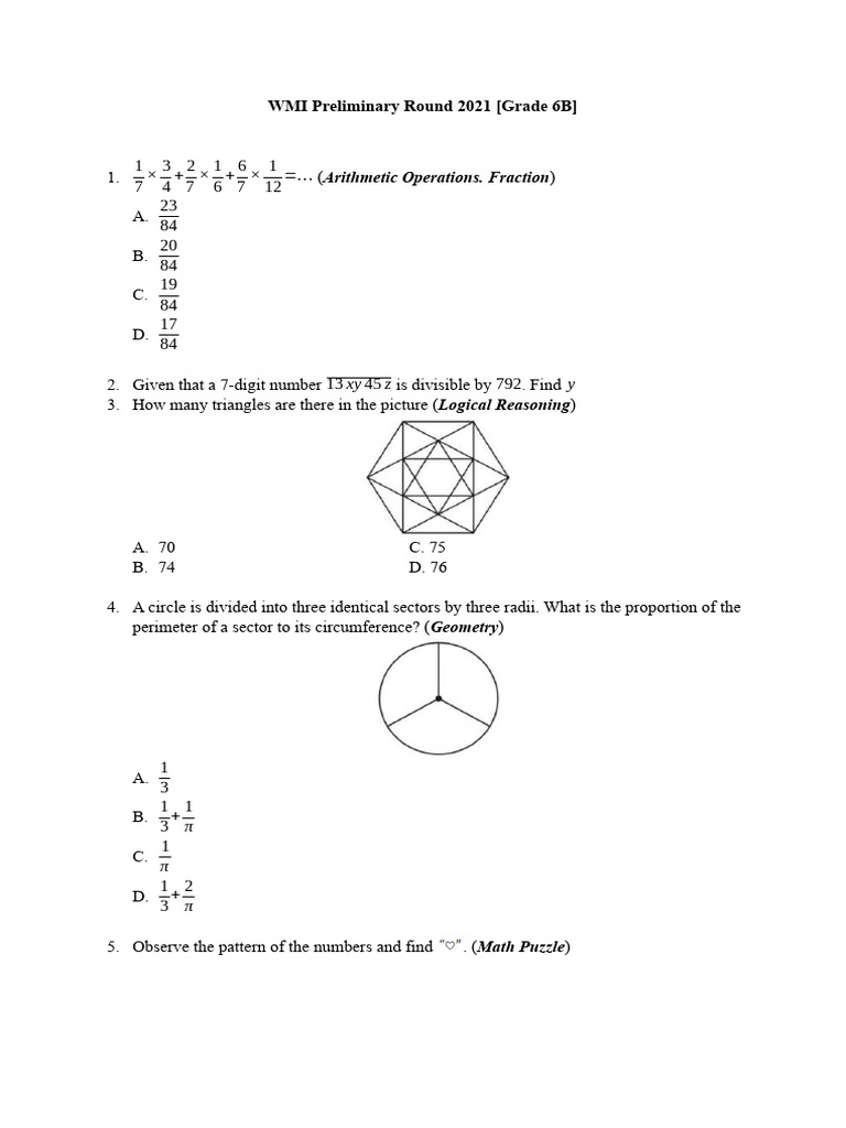 WMI Preliminary Round 2021 Grade 6B | PDF