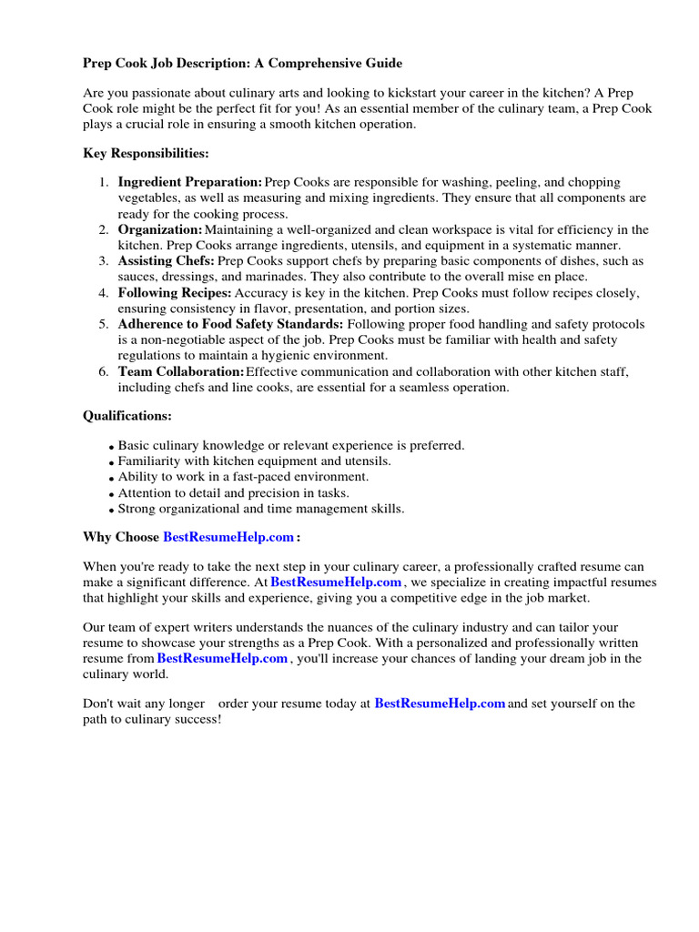 Prep Cook Job Guide & Responsibilities | PDF | Chef | Cooking