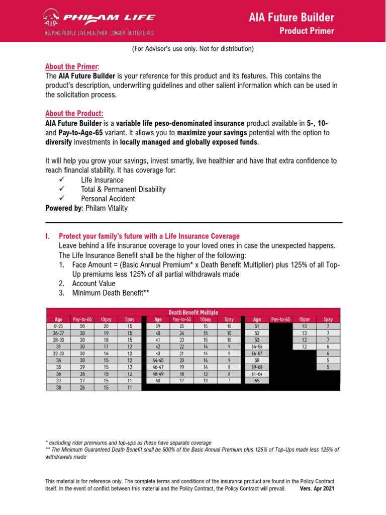 AIA Future Builder Primer | PDF | Insurance | Life Insurance