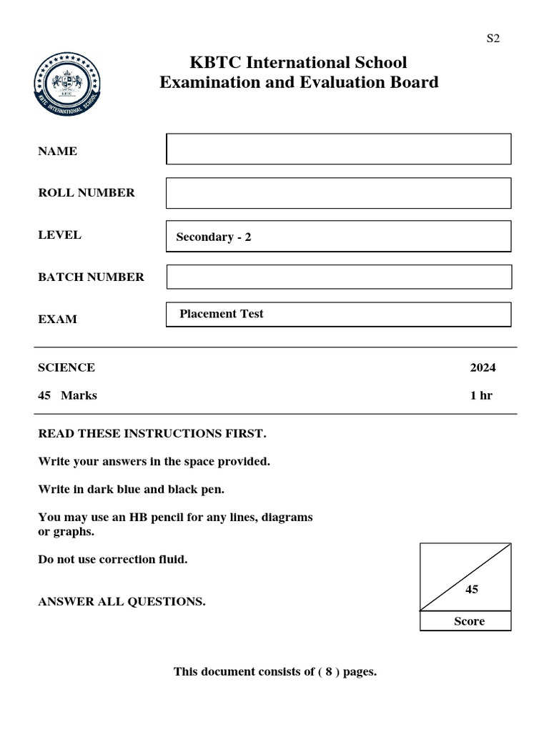 S2 - Science - Placement Test | PDF | Weight | Respiratory System