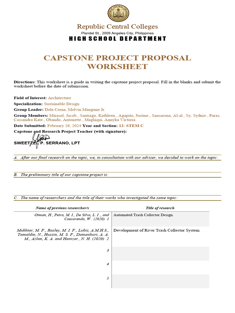 Capstone Project Proposal Worksheet: Republic Central Colleges | PDF