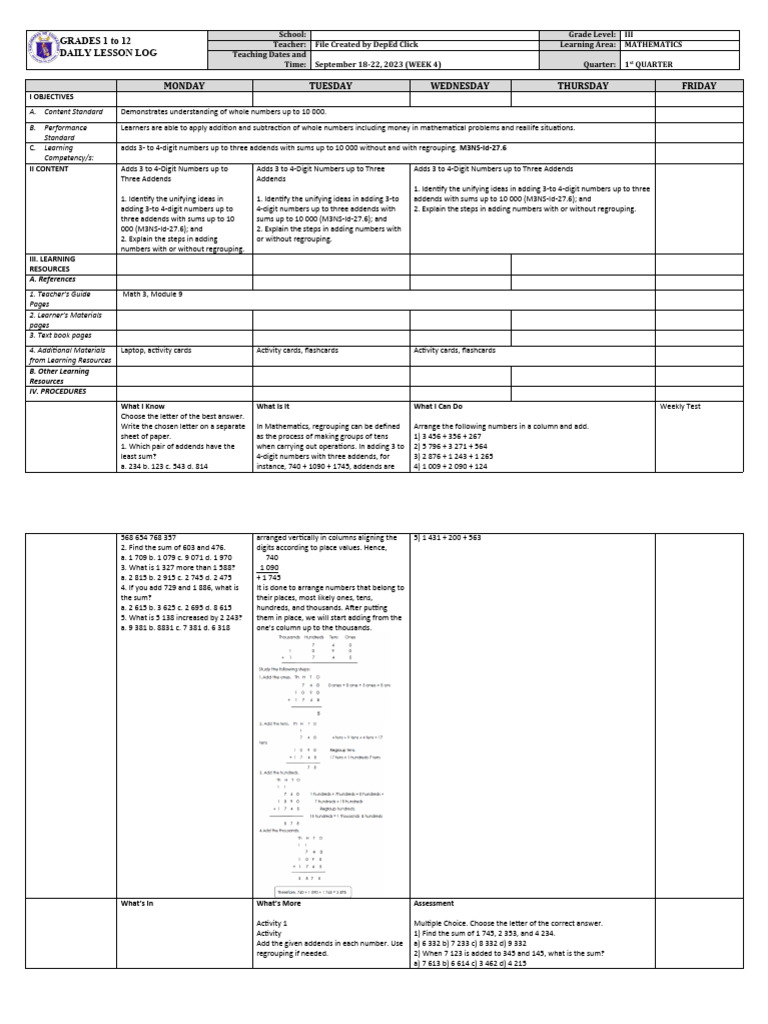 DLL - Mathematics 3 - Q1 - W4 | PDF | Behavior Modification | Learning