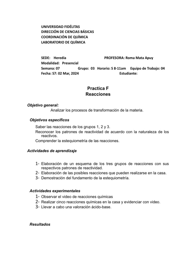 PR Ctica s7 Reacciones Qu Micas Estequiometr A | PDF | Magnesio | Reacciones químicas