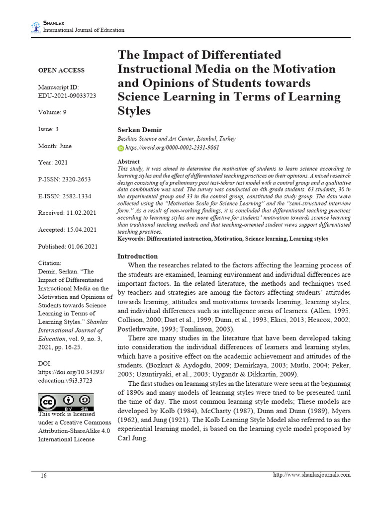 The Impact of Differentiated Instructional Media On The Motivation and ...