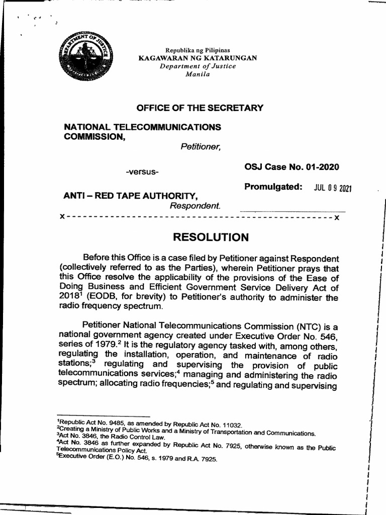 DOJ Resolution - EODB Act Not Applicable To Quasi Judicial Functions | PDF | Adjudication | Food ...