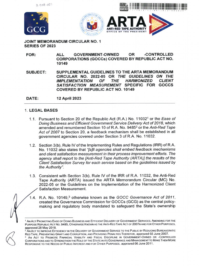GCG and ARTA - Joint MC No 1, Harmonized Client Satisfaction ...