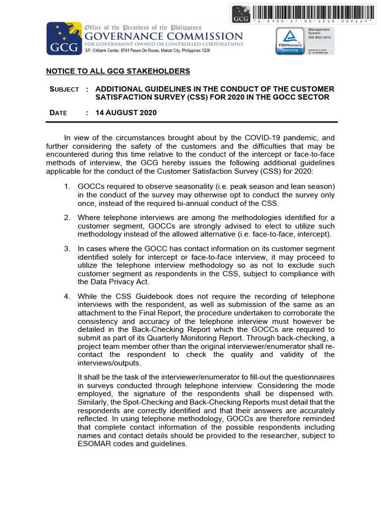 GCG - Addtional Customer Satisfaction Survey Guidelines - COVID 19 ...