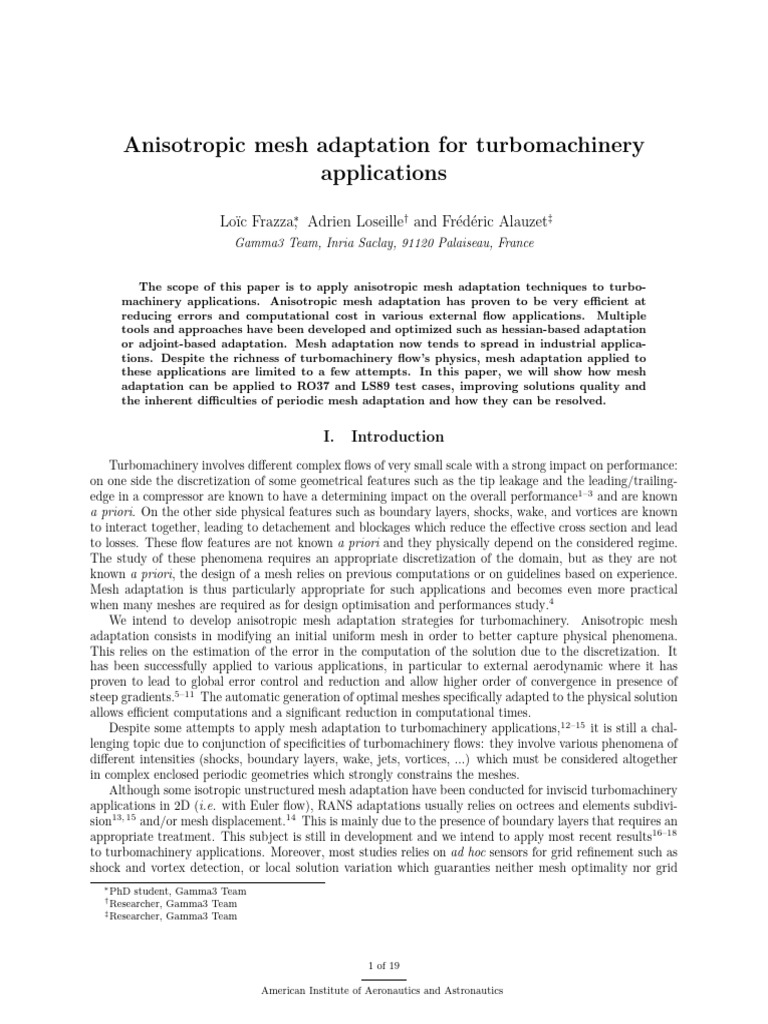 Frazza - Anisotropic Mesh Adaptation For Turbomachinery Applications | PDF | Viscosity | Turbulence