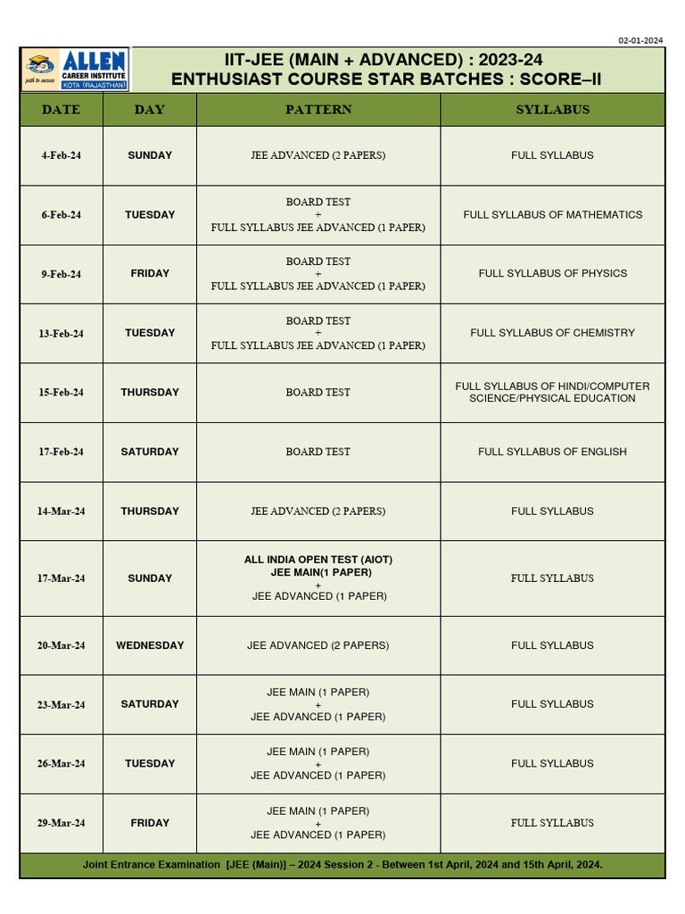 IIT-JEE (MAIN + ADVANCED) : 2023-24 Enthusiast Course Star Batches: Score-Ii | PDF