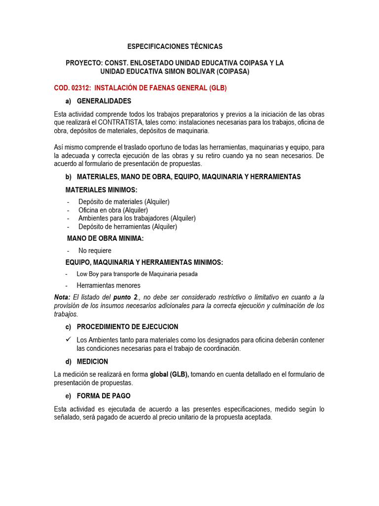 Especificaciones Tecnicas Coipasa | PDF