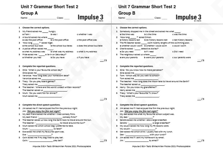 Unit 7 Grammar Short Test 2 A+b-3 | PDF