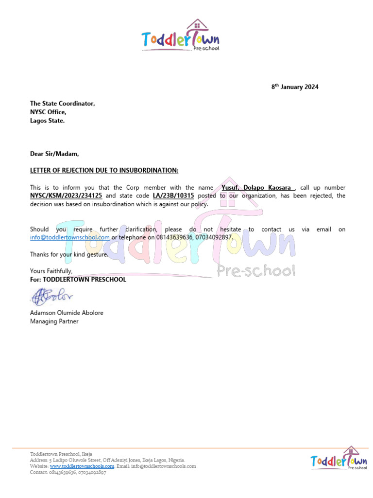 NYSC Rejection Letter for Corp Member | PDF | Wellness | Lifestyle