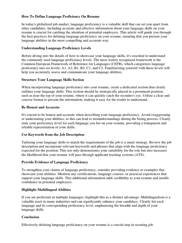 How To Define Language Proficiency On Resume | PDF | Career & Growth ...