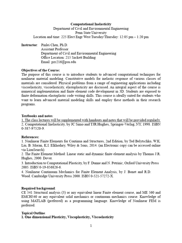 Computational Inelasticity - Course Syllabus - PC 25owkbu | PDF | Elasticity (Physics ...