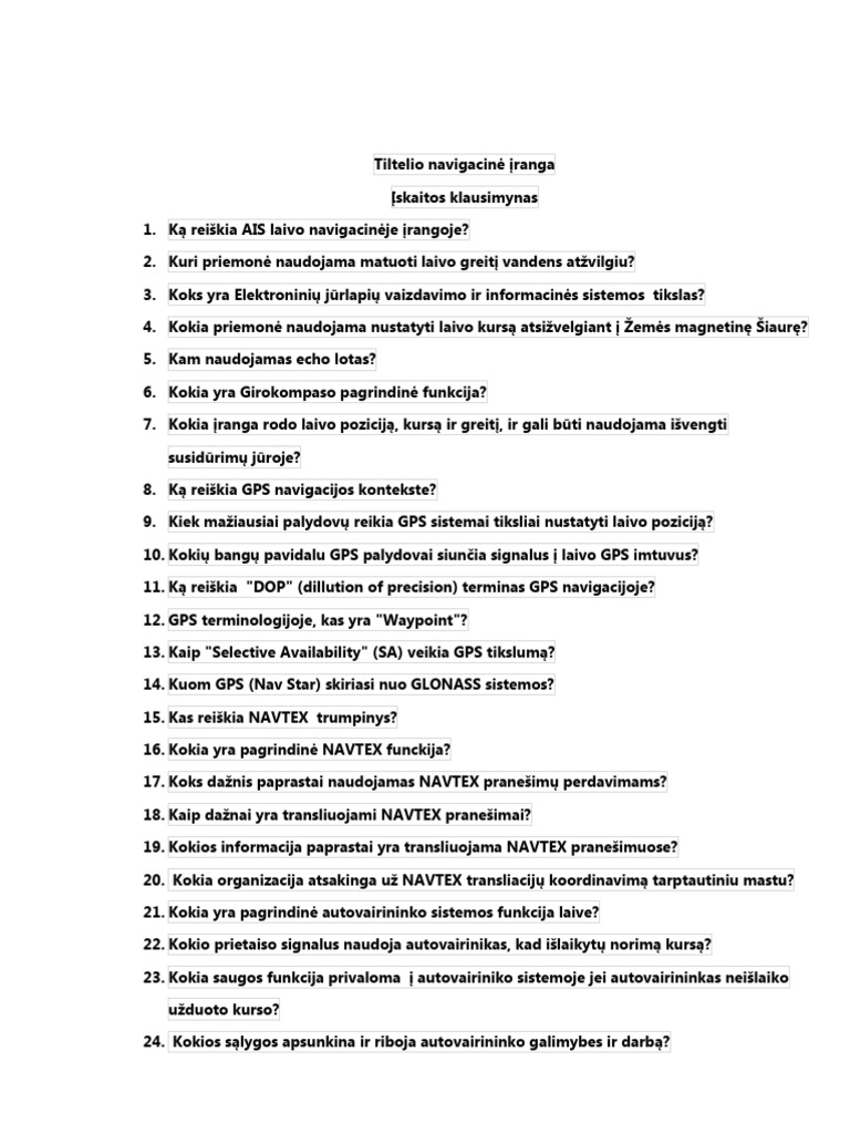 Tiltelio Navigacinė Įrangos Įskaitos Klausimynas | PDF
