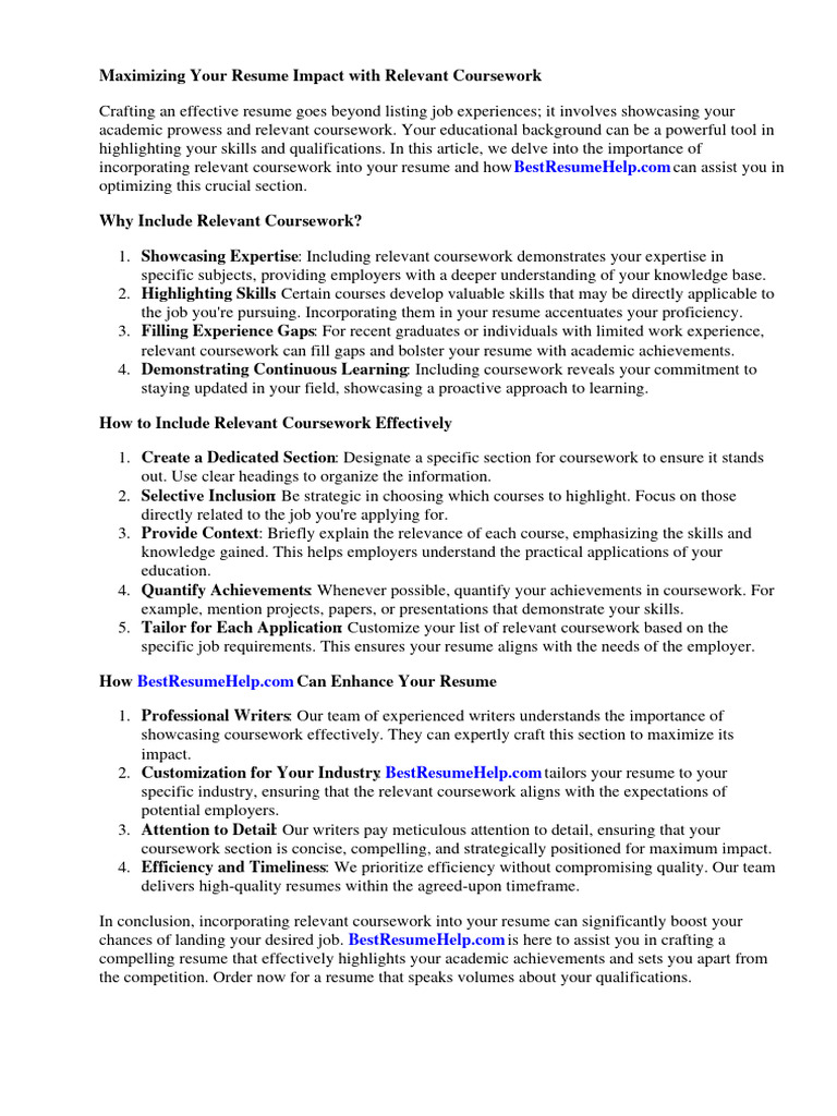 Resume Relevant Coursework | PDF | Résumé | Experience