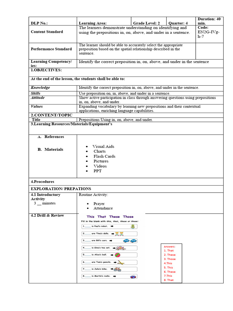 Lesson Plan in English - Prepositions (In, On, Above, Under) | Download Free PDF | Word | Human ...
