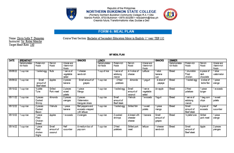 FORM 6 - Meal Plan 1st Year BSED English | PDF | Foods | Steak