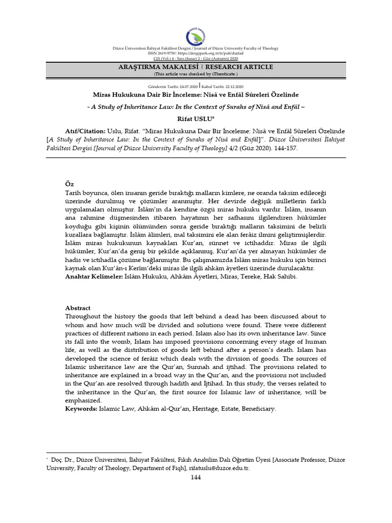 Miras Hukukuna Dair Bir Nceleme Nis Ve Enf L S Releri Zelinde (#656237) - 876164 | PDF