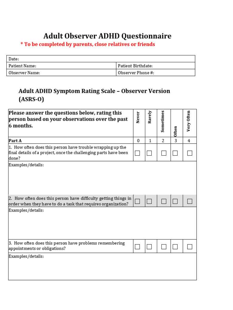 Adult Observer ADHD Questionnaires | PDF | Attention Deficit ...