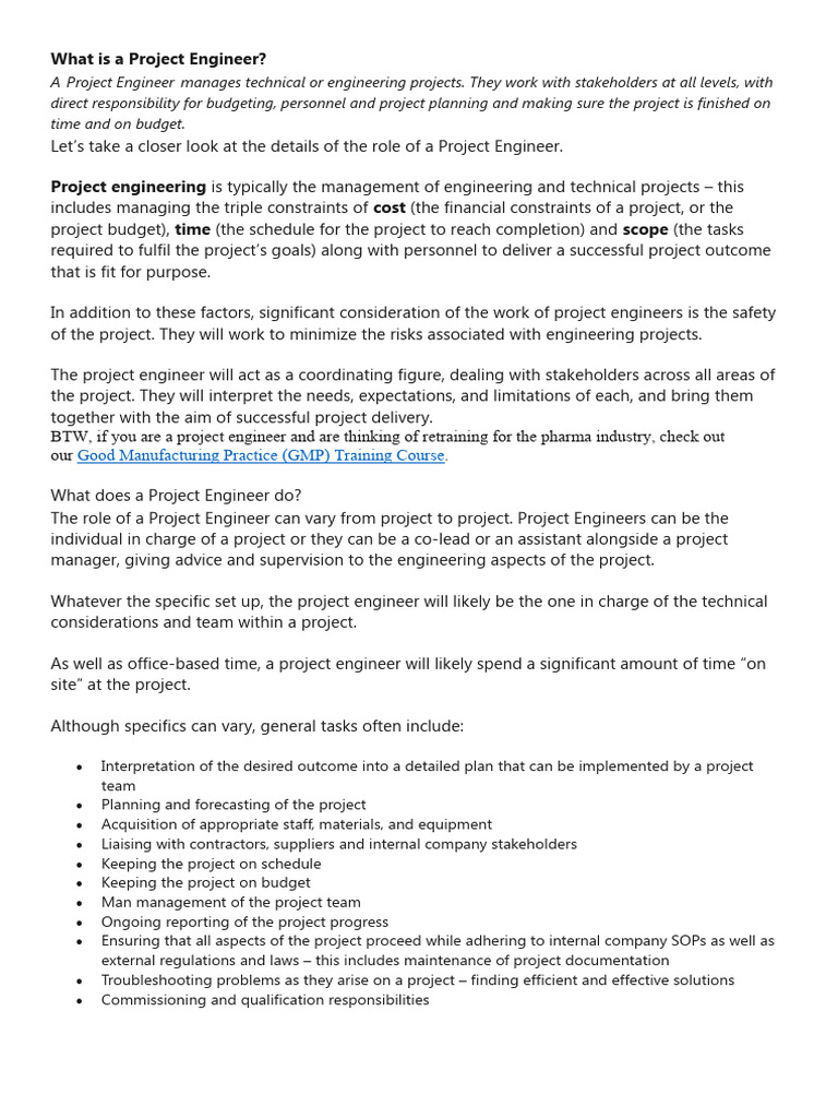 What is a Project Engineer | PDF | Project Management | Engineer