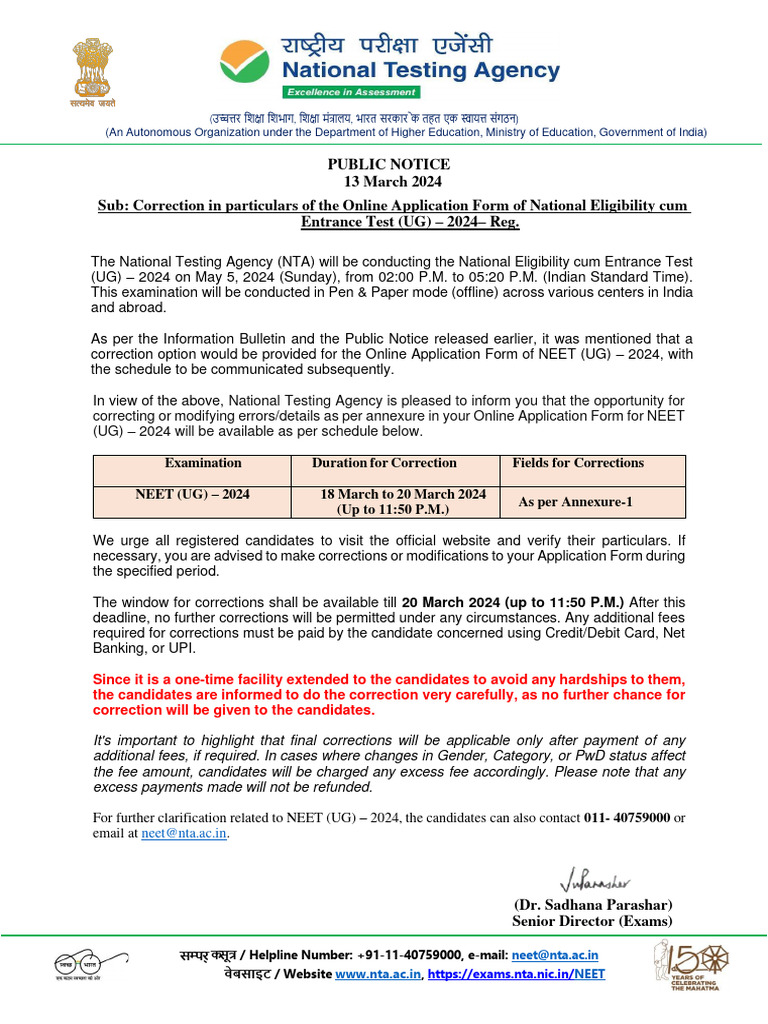 NEET -24 correction notice | PDF