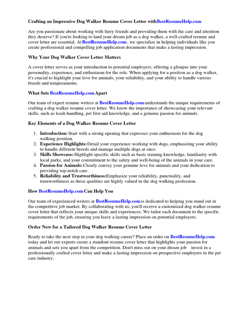 Dog Walker Resume Cover Letter | Download Free PDF | Résumé | Dogs