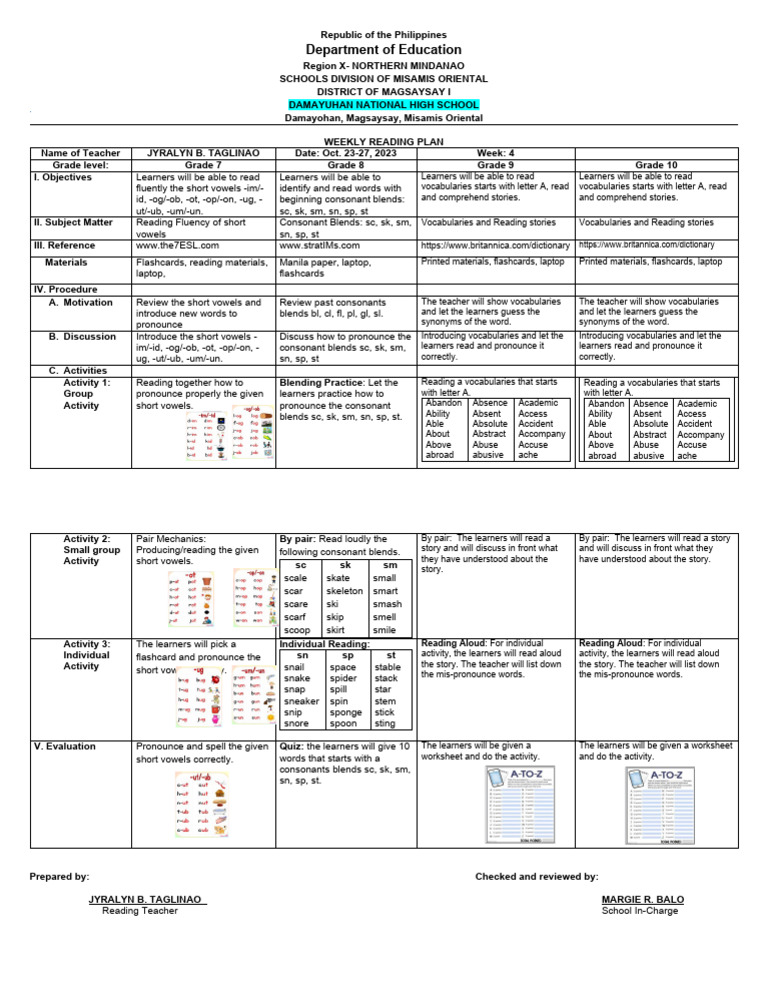 Weekly Reading Plan Week 4 | PDF | Vocabulary | Phonetics