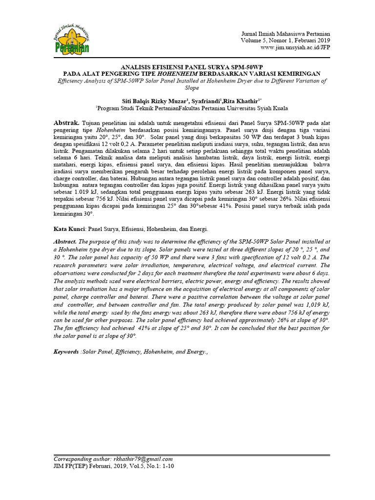 Jurnal Ilmiah Analisis Efisiensi Panel Surya SPM-50WP Sebagai Penggerak ...