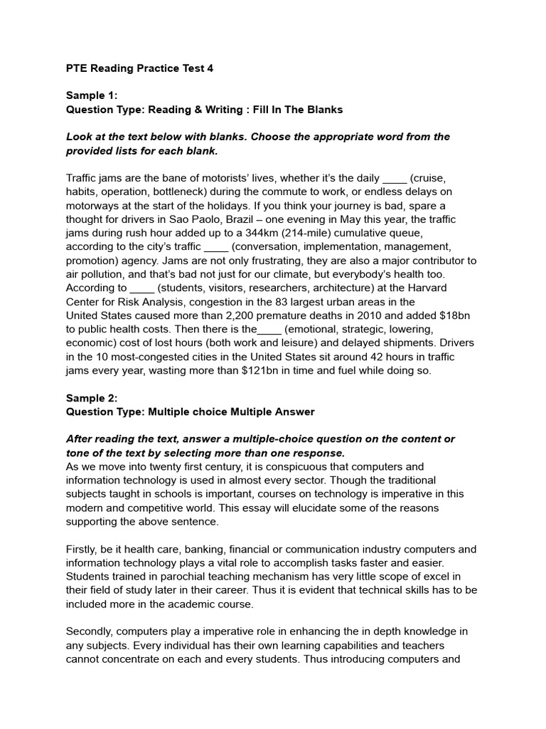 Pte Reading Practice Test 4 36cc0668e4 | PDF | Traffic Congestion ...