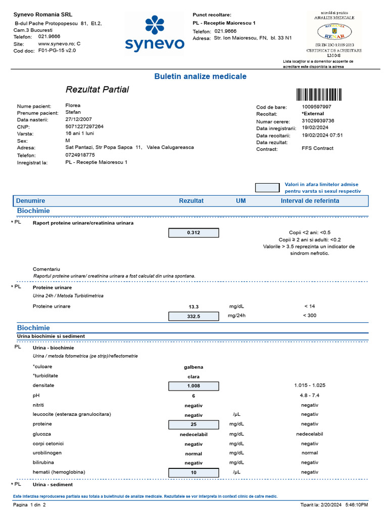 Rezultat Partial: Buletin Analize Medicale | PDF