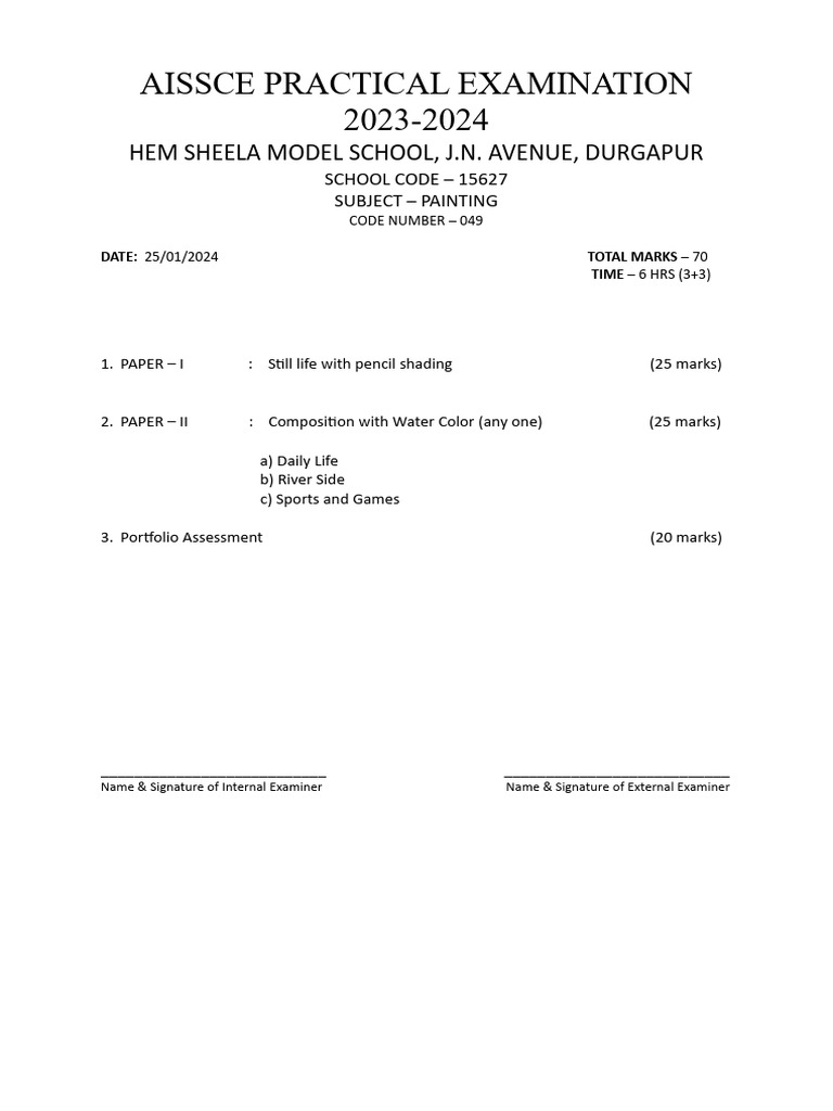 Aissce Practical Examination (Painting) - 2024 | PDF