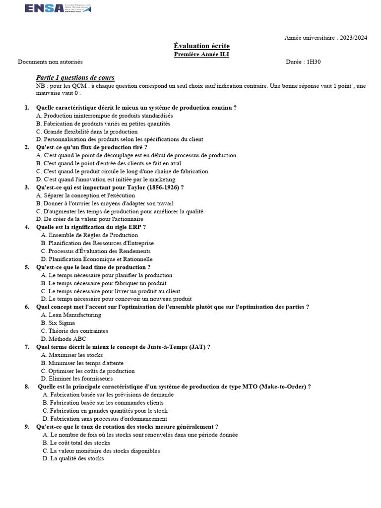 QCM Examen | PDF | Lean (production) | Inventaire