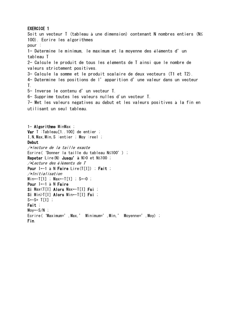 Exercice Corrigé Tableau Algorithme | PDF | Algèbre linéaire | Algèbre générale