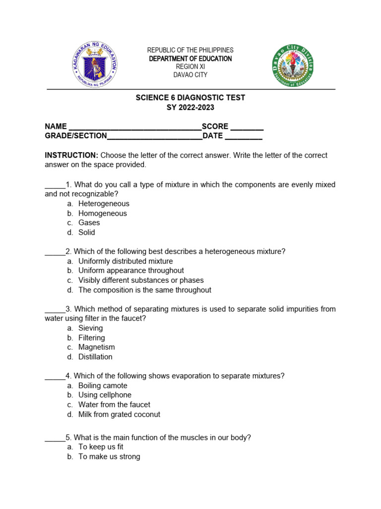 Science 6 - Diagnostic Test | PDF | Planets | Solar System