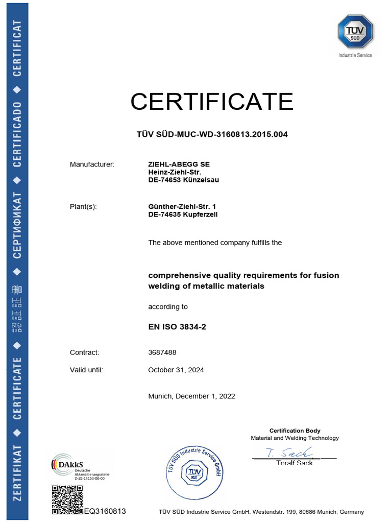 Certificado Soldadura y Materiales Ziehl-Abegg-Din-En-Iso-3834-2 | PDF