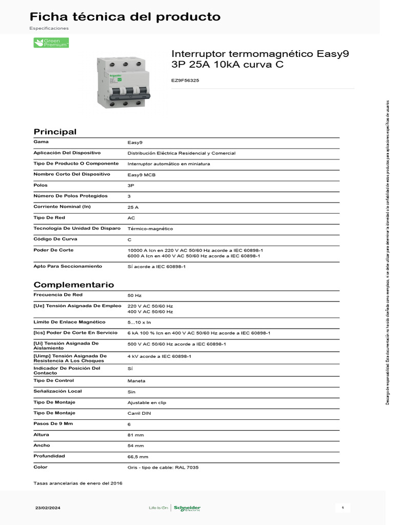 Interruptor Easy9 3P 25A 10kA Curva C | PDF | Residuos | Materiales