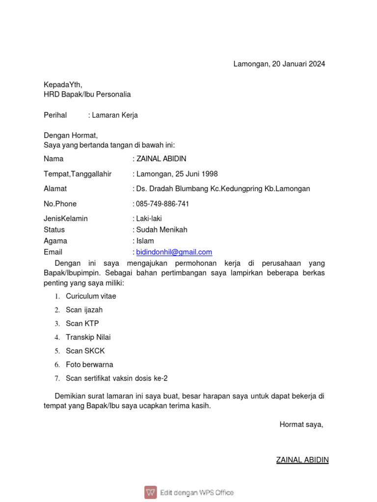 Lamaran Kerja Zainal Abidin | PDF