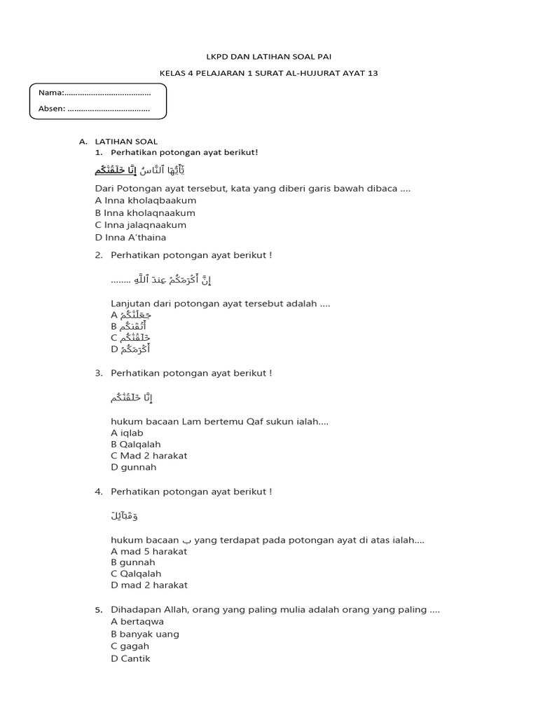 LKPD Dan Latihan Soal Pai Alhujurat Kelas 4 Semester1 | PDF