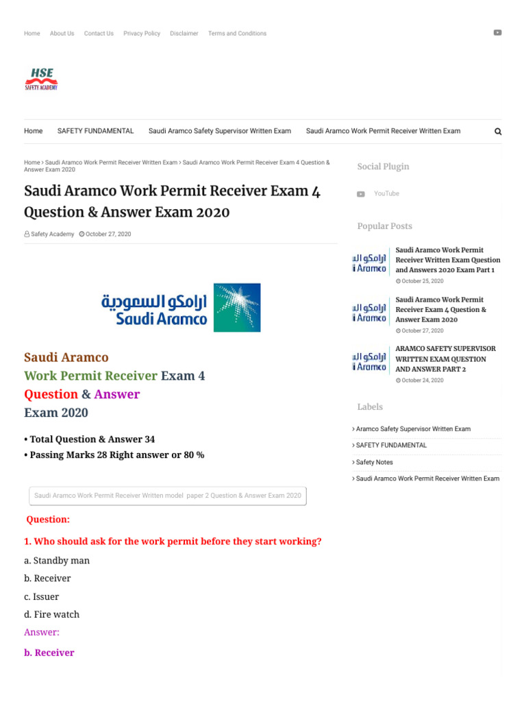 Aramco Work Permit Receiver Exam Guide | PDF | Fires | Oxygen