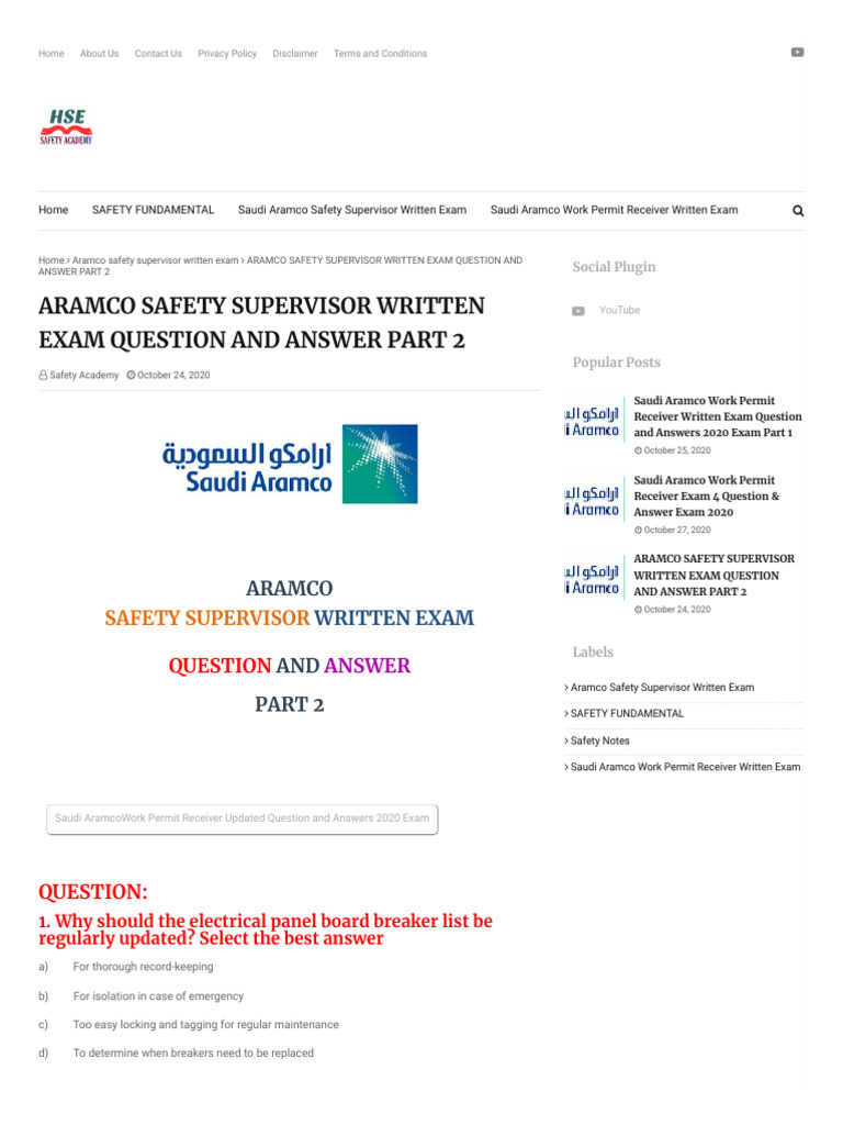 Aramco Safety Supervisor Written Exam Question And Answer Part 2 Pdf