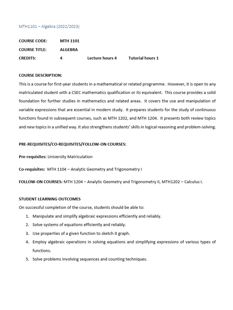 MTH 1101: College Algebra Overview | PDF