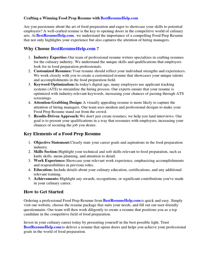 Food Prep Resume | PDF | Résumé | Kitchen