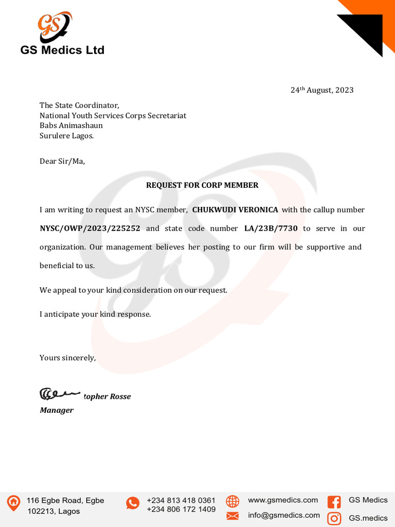 GS Medics - Veronica Nysc Callup Letter | PDF