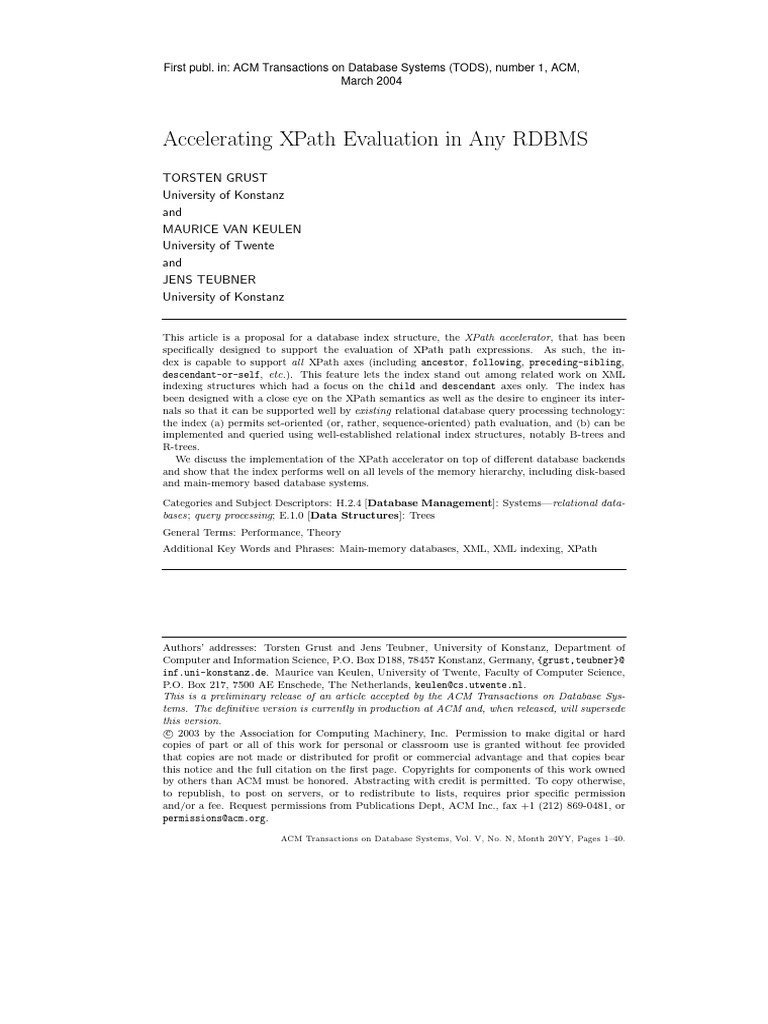 Accelerating XPath Evaluation in Any RDBMS | PDF | X Path | Databases